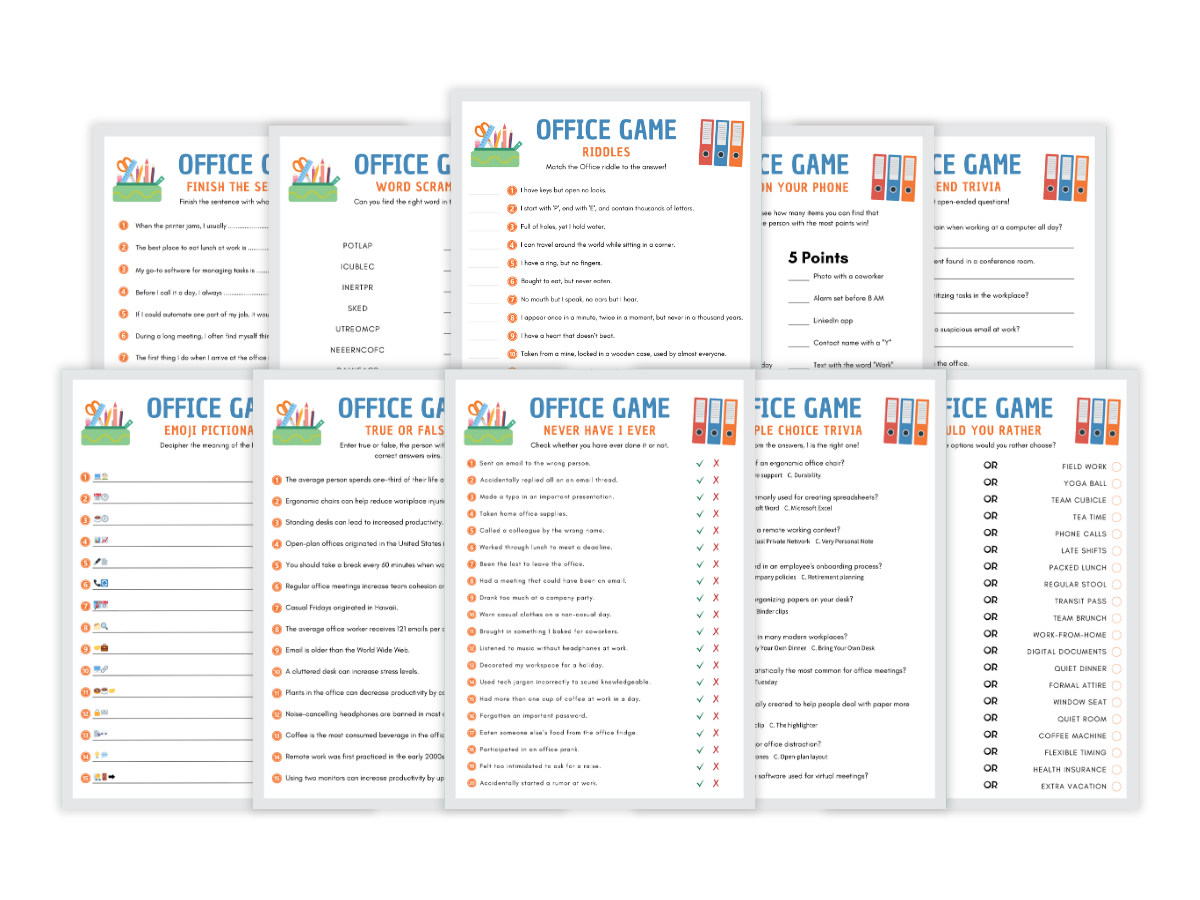 Office 10 Games Bundle Printable - Digital Download - Print Play Palace