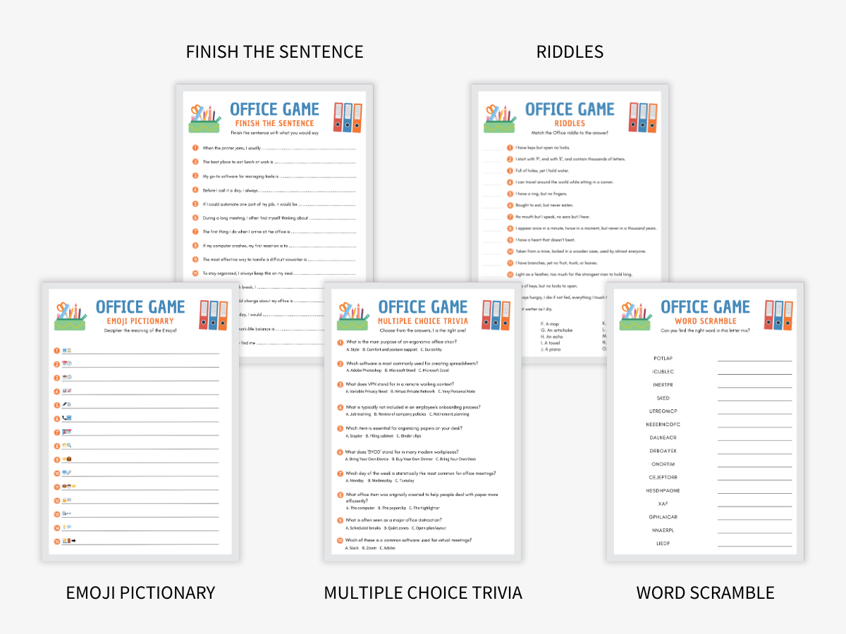 Office 10 Games Bundle Printable - Digital Download - Print Play Palace