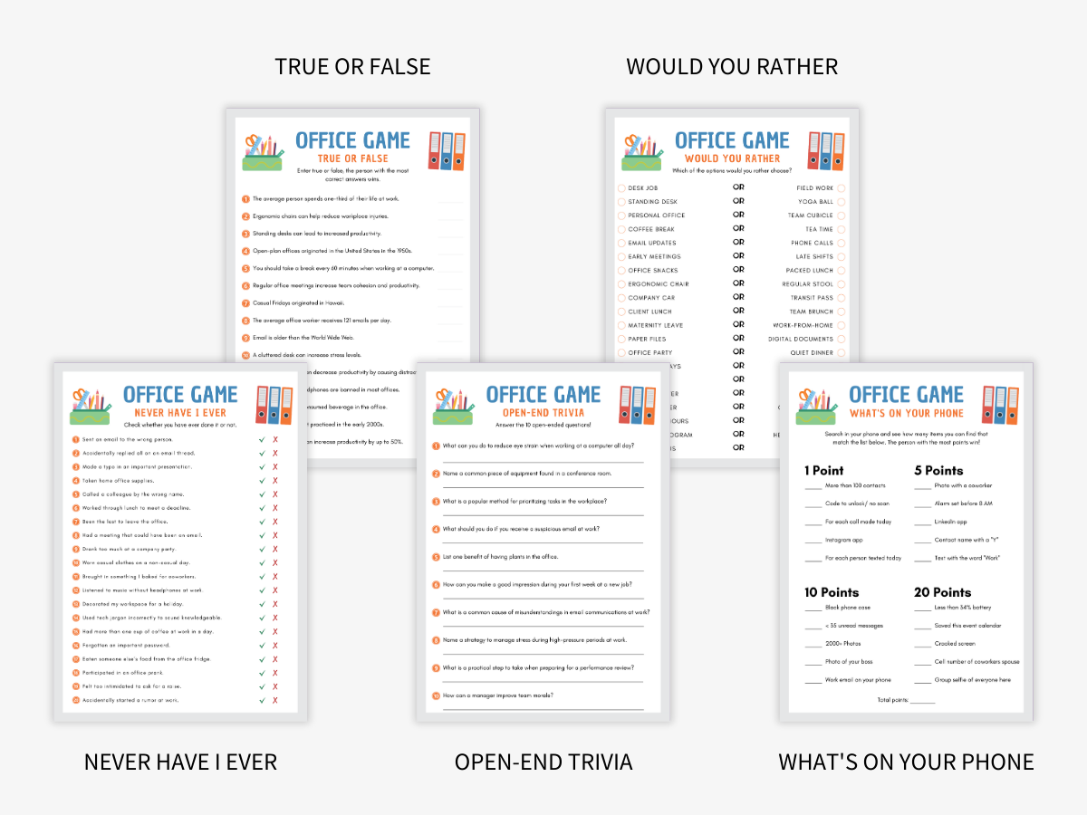 Office 10 Games Bundle Printable - Digital Download - Print Play Palace