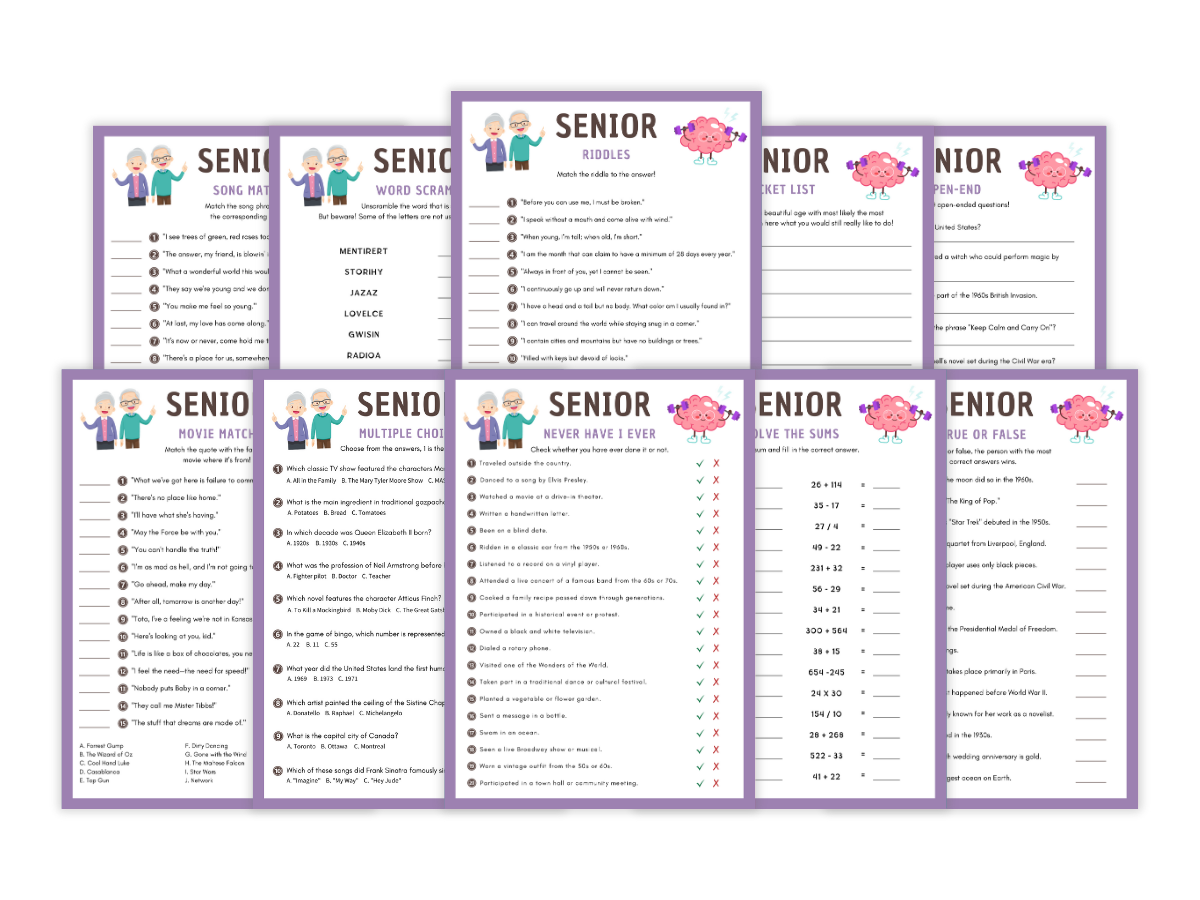 Senior 10 Games Bundle Printable - Digital Download - Print Play Palace