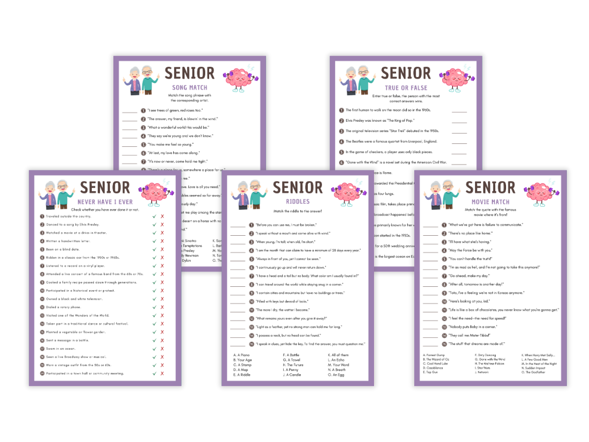 Senior 5 Games Bundle Printable - Digital Download - Print Play Palace