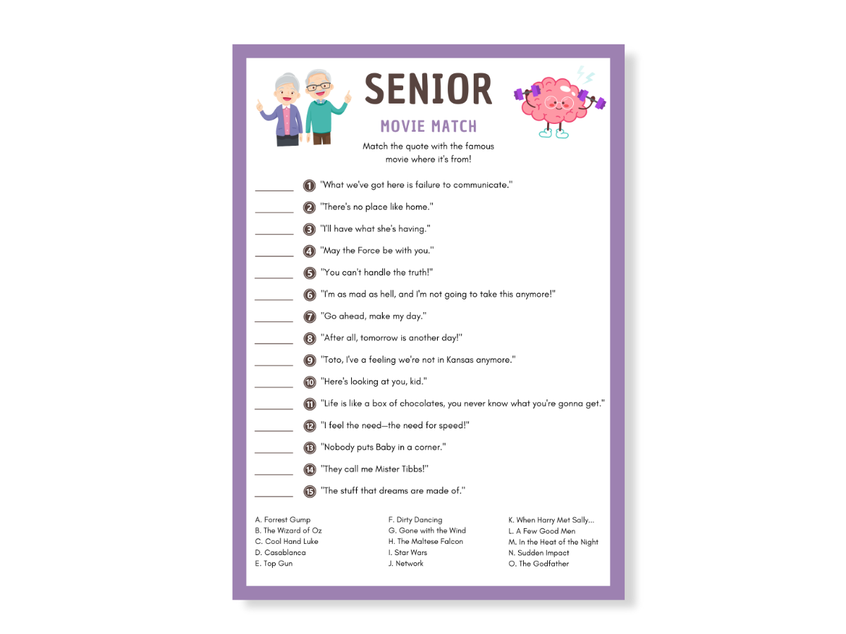 Senior Movie Match Game Printable - Digital Download - Print Play Palace