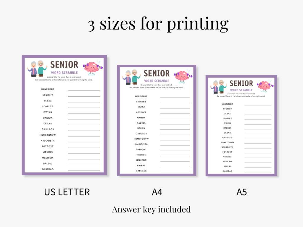Senior Word Scramble Game Printable - Digital Download - Print Play Palace