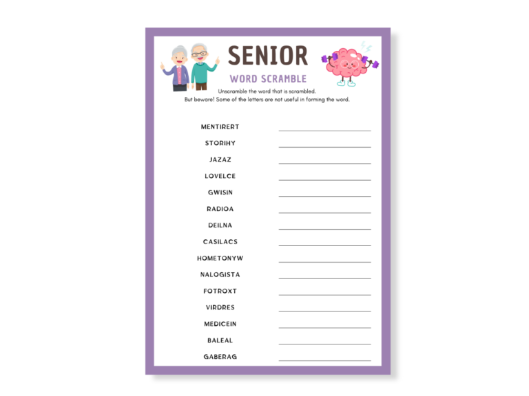 Senior Word Scramble Game Printable - Digital Download - Print Play Palace