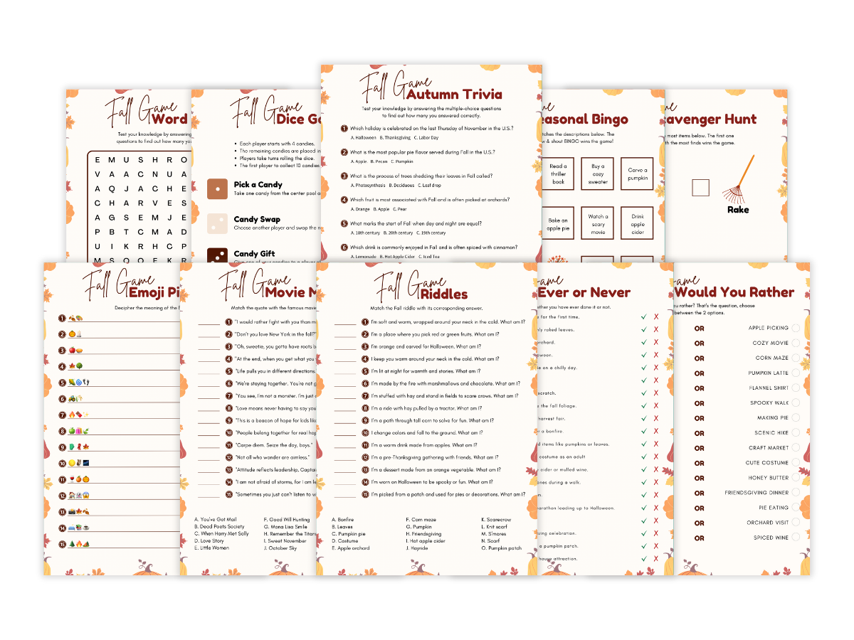 Fall 10 Games Bundle Printable - Digital Download - Print Play Palace