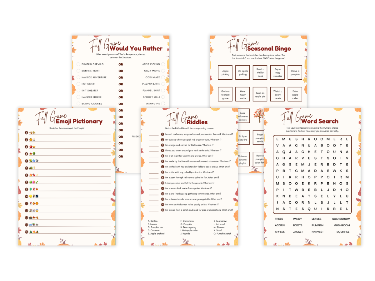 Fall 5 Games Bundle Printable - Digital Download - Print Play Palace