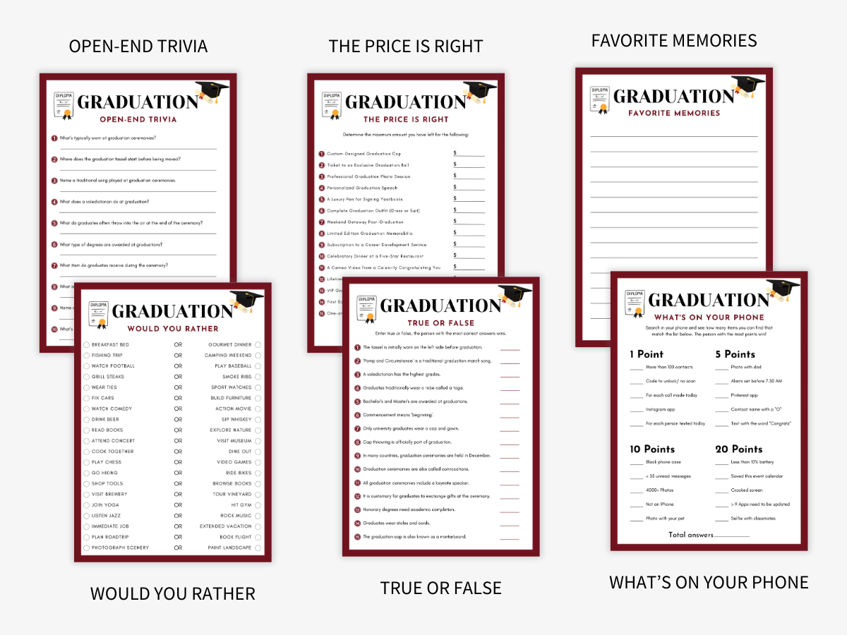 Graduation 12 Games Bundle Printable - Digital Download - Print Play Palace