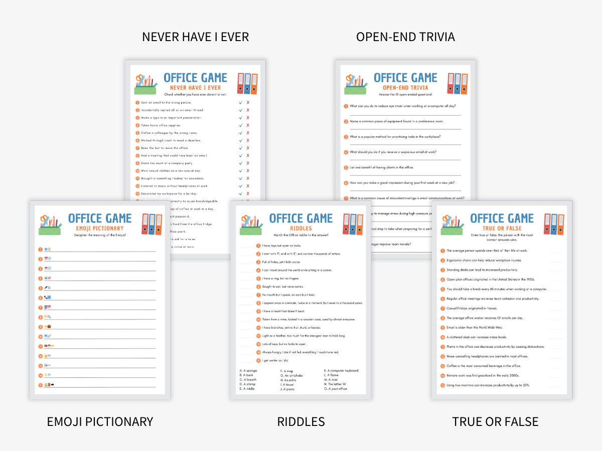 Office 5 Games Bundle Printable - Digital Download - Print Play Palace