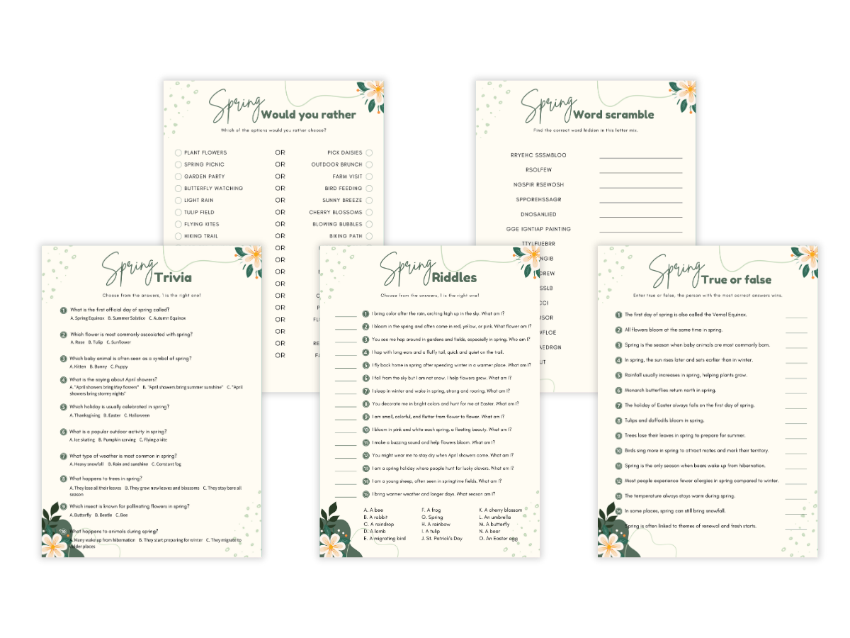 Spring 5 Games Bundle Printable - Digital Download - Print Play Palace