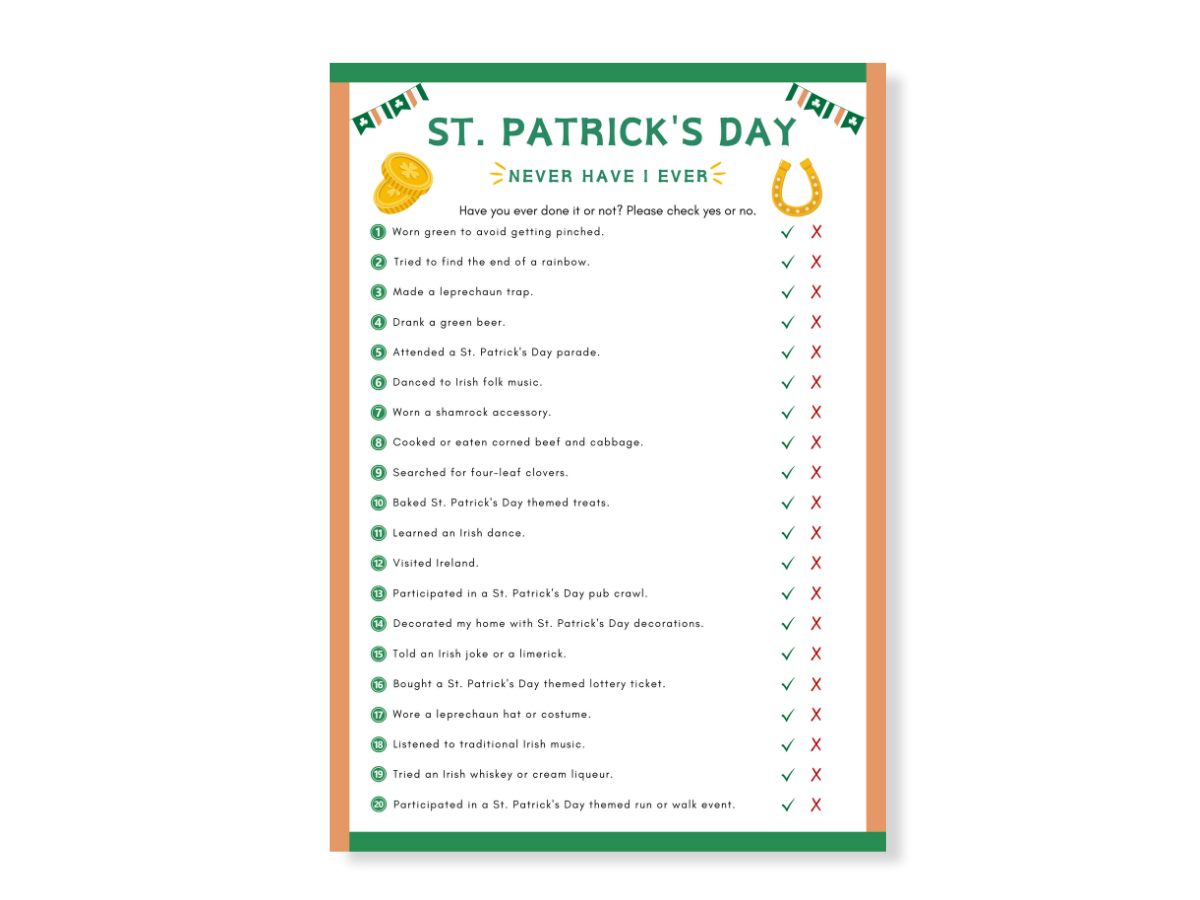 Saint Patrick's Never Have I Ever Game Printable - Digital Download ...