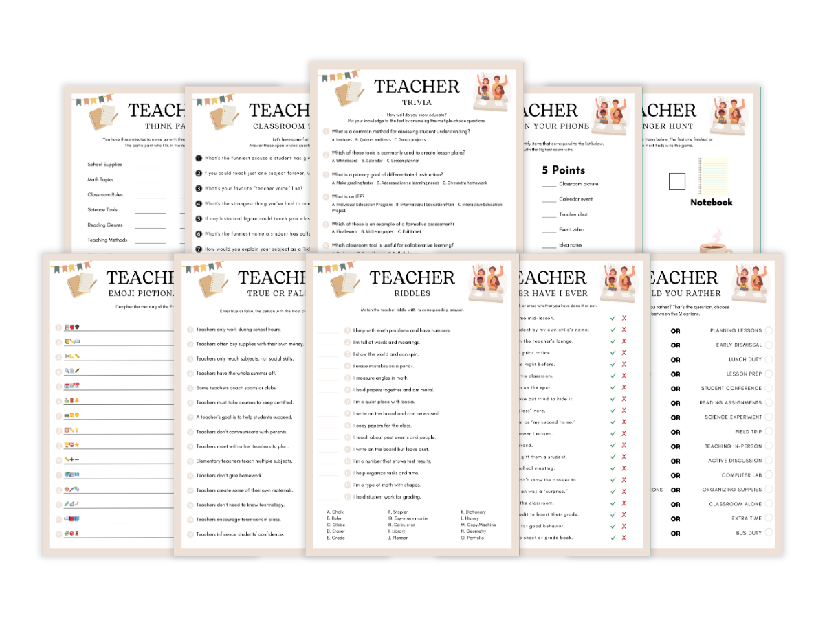 Teacher 10 Games Bundle Printable - Digital Download - Print Play Palace