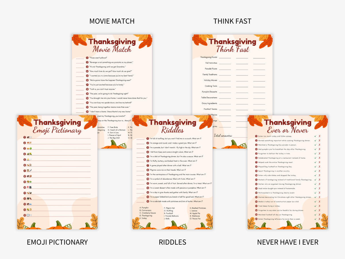 Thanksgiving 5 Games Bundle Printable - Digital Download - Print Play ...