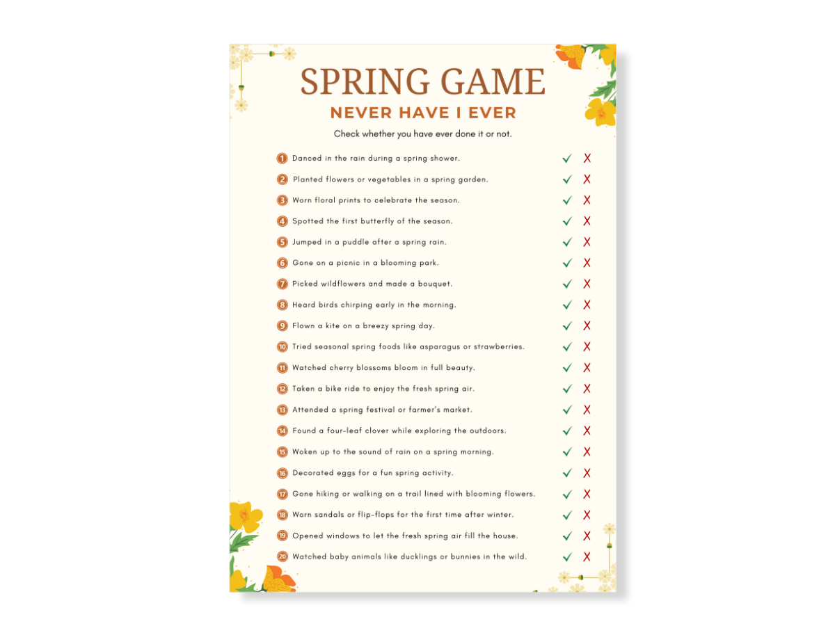 Floral Spring Never Have I Ever Game Printable - Digital Download ...