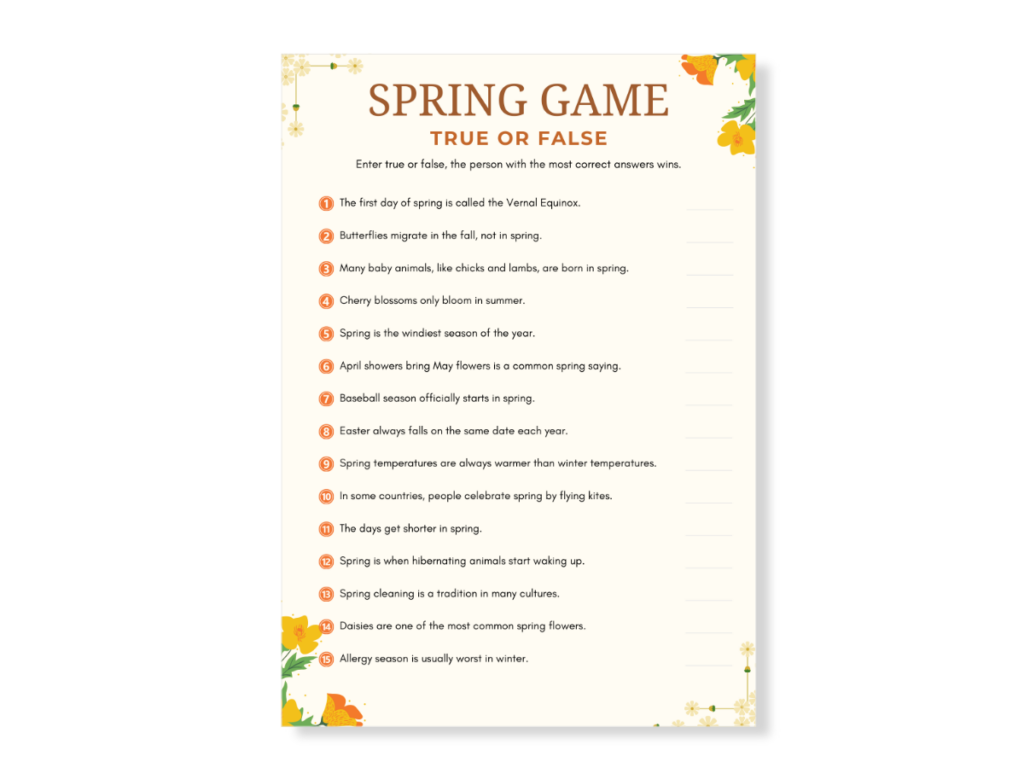 Floral Spring True or False Game Printable - Digital Download - Print ...