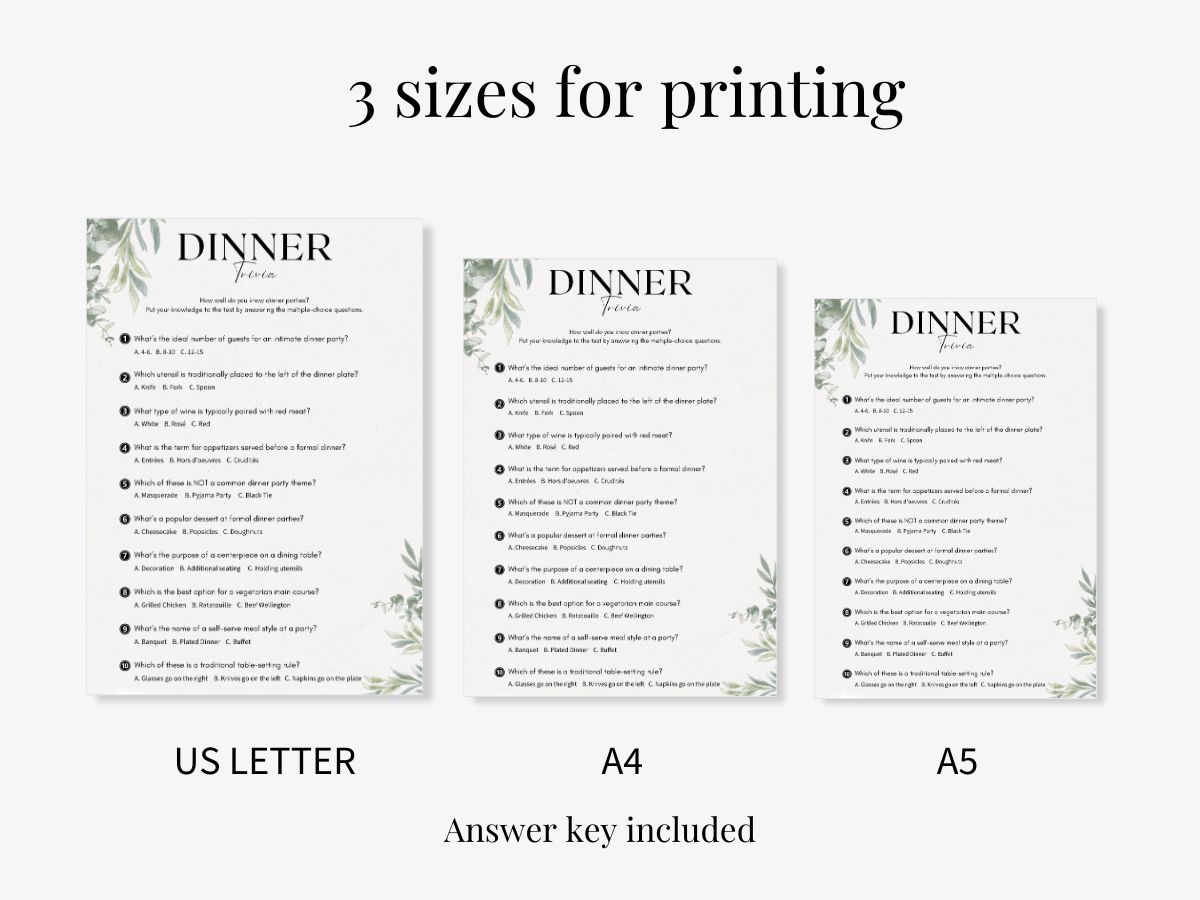 Dinner Party Multiple Choice Trivia Game Printable - Digital Download ...