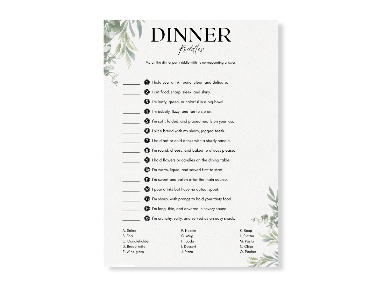 Dinner Party Riddles Game Printable - Digital Download - Print Play Palace