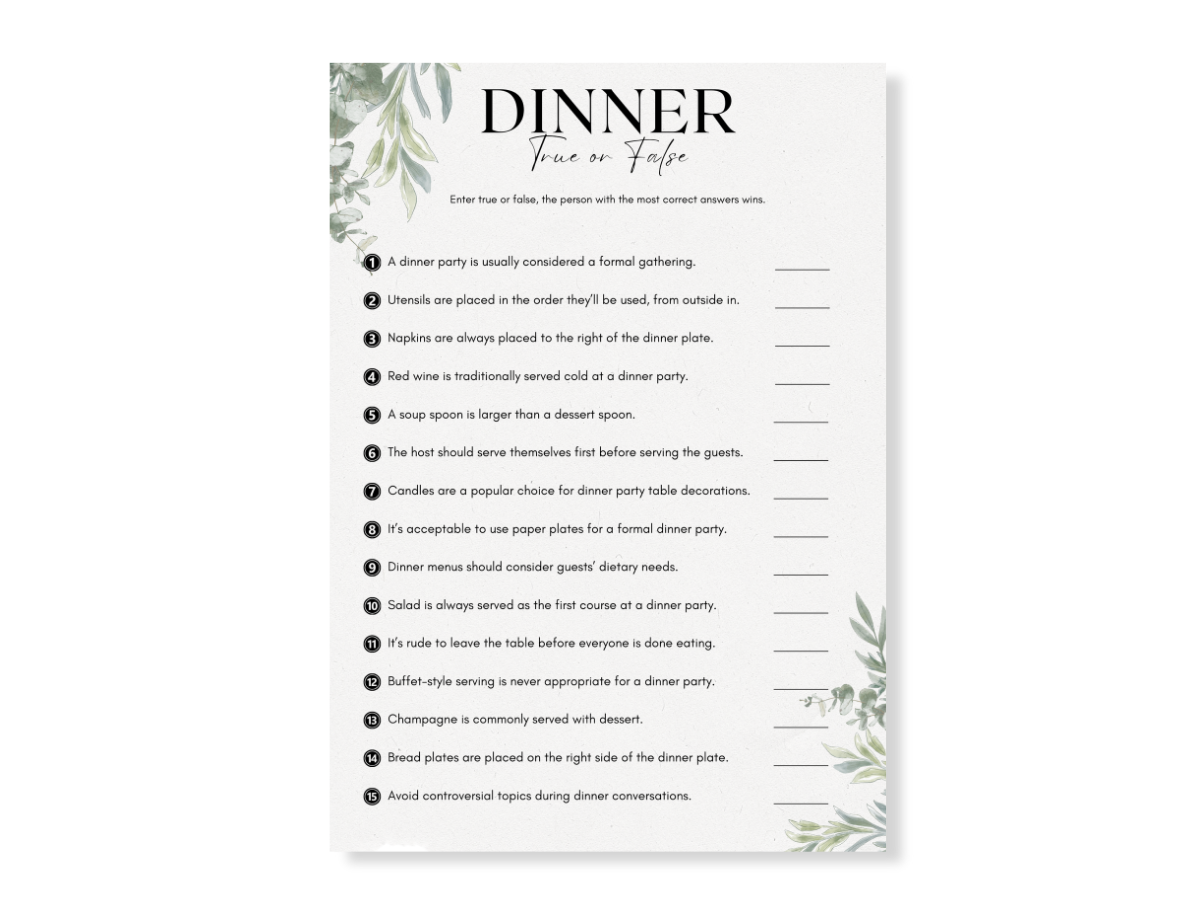 Dinner Party True or False Game Printable - Digital Download - Print ...