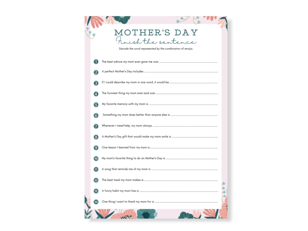 Mother's Day Finish the Sentence Printable - Digital Download - Print ...