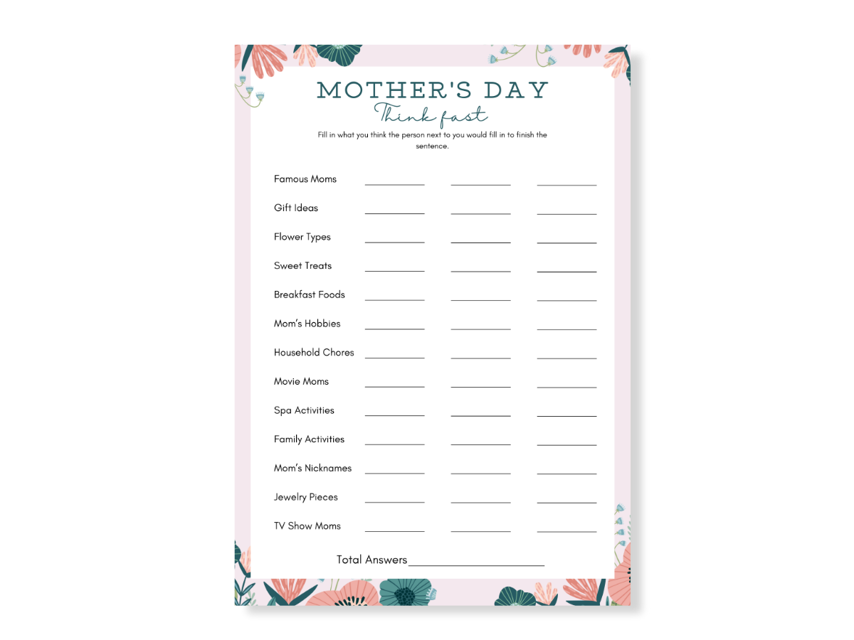 Mother's Day Think Fast Printable - Digital Download - Print Play Palace