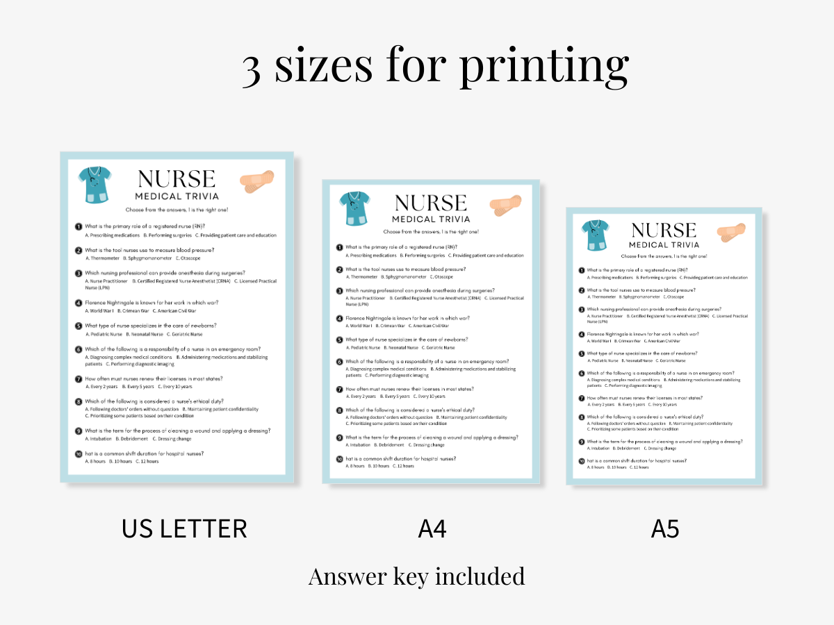 Nurse Multiple Choice Trivia Game Printable - Digital Download - Print ...
