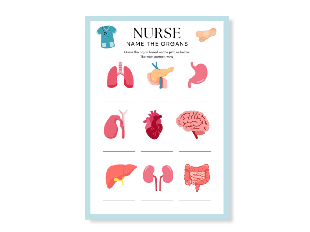 Nurse Name The Organs Game Printable - Digital Download - Print Play Palace