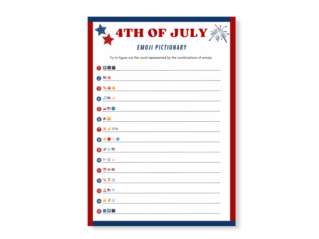 4th of July Emoji Pictionary Game Printable - Digital Download - Print ...