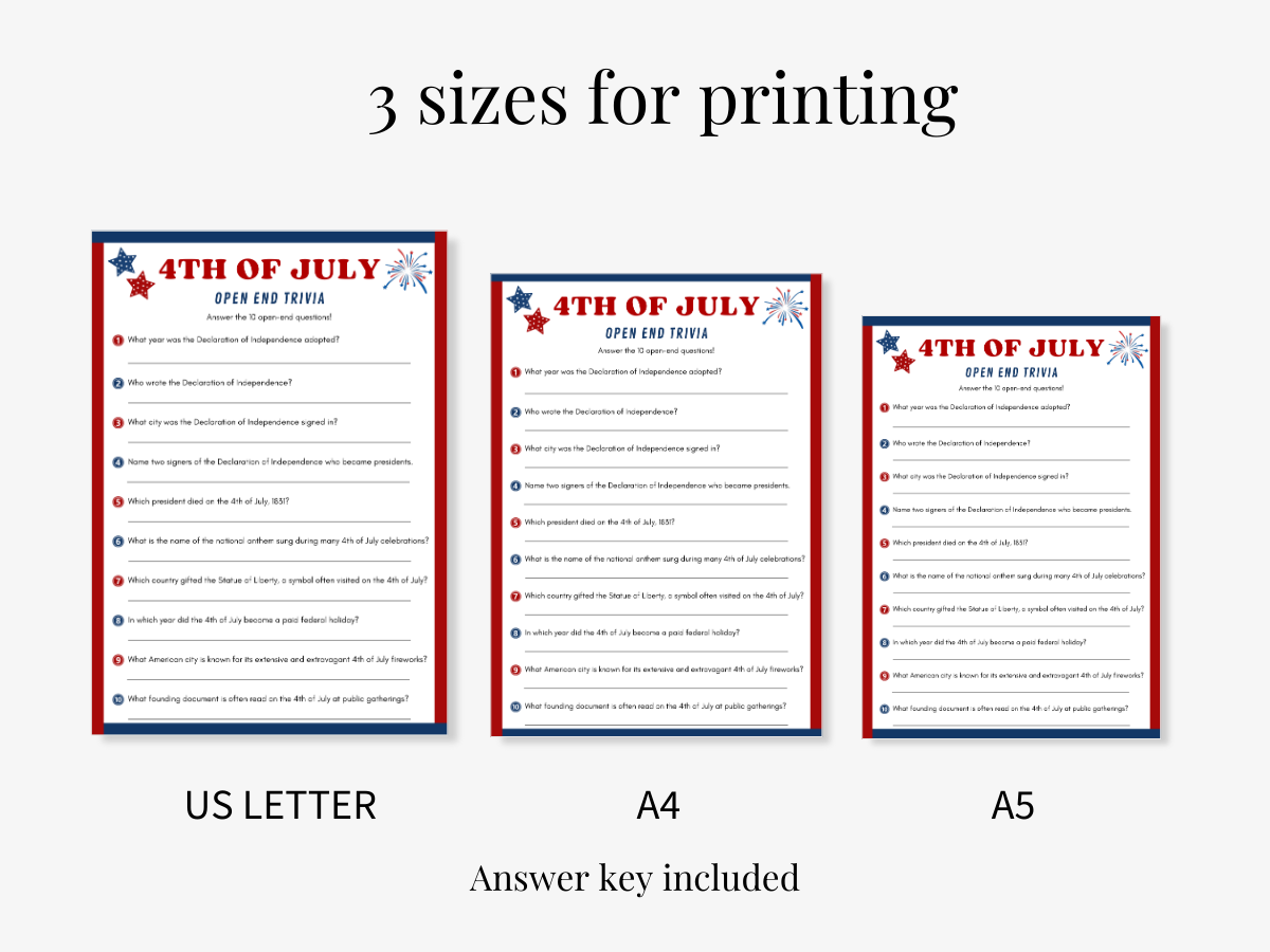 4th of July Open-end Trivia Printable - Digital Download - Print Play ...