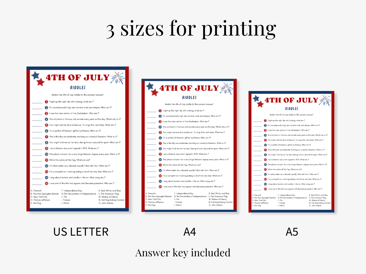 4th of July Riddles Game Printable - Digital Download - Print Play Palace