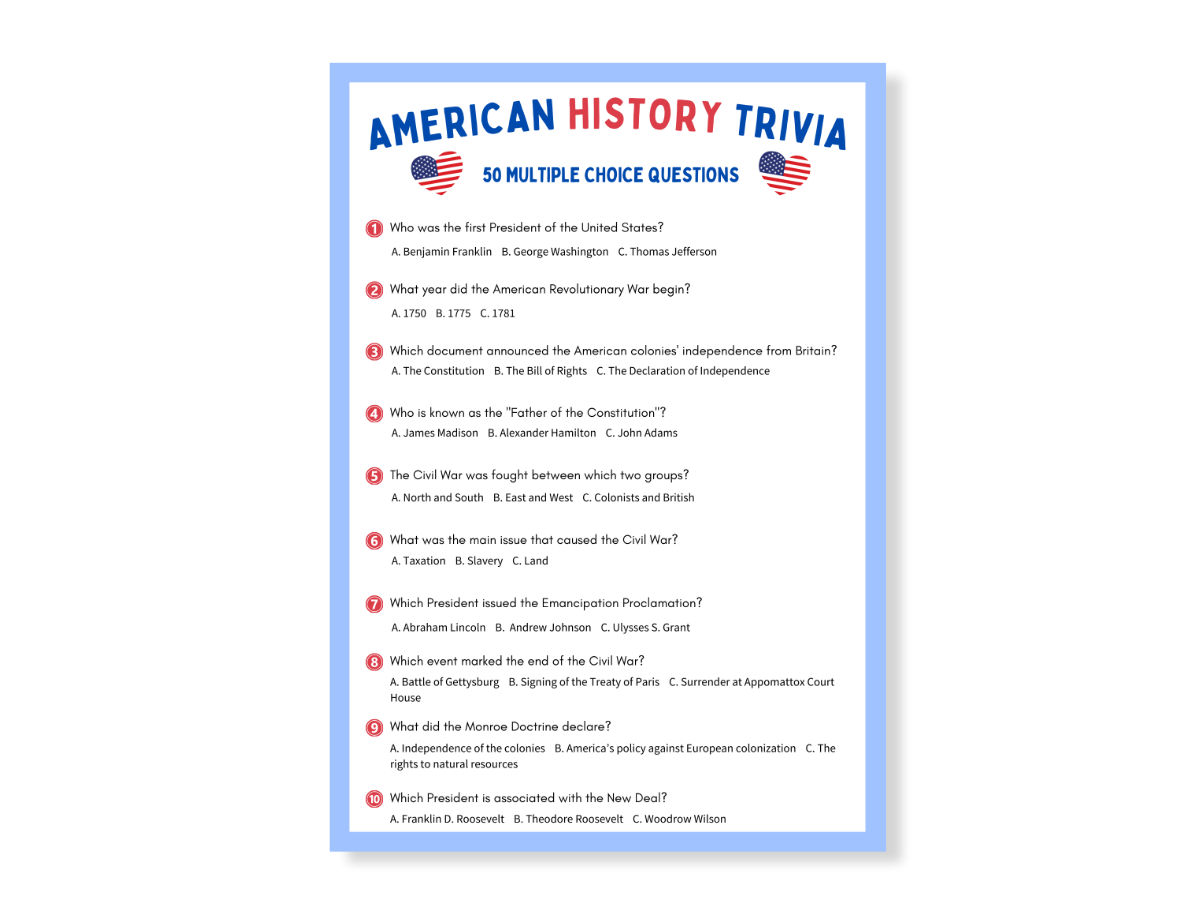 American History Mega Trivia Game Printable - Digital Download - Print ...