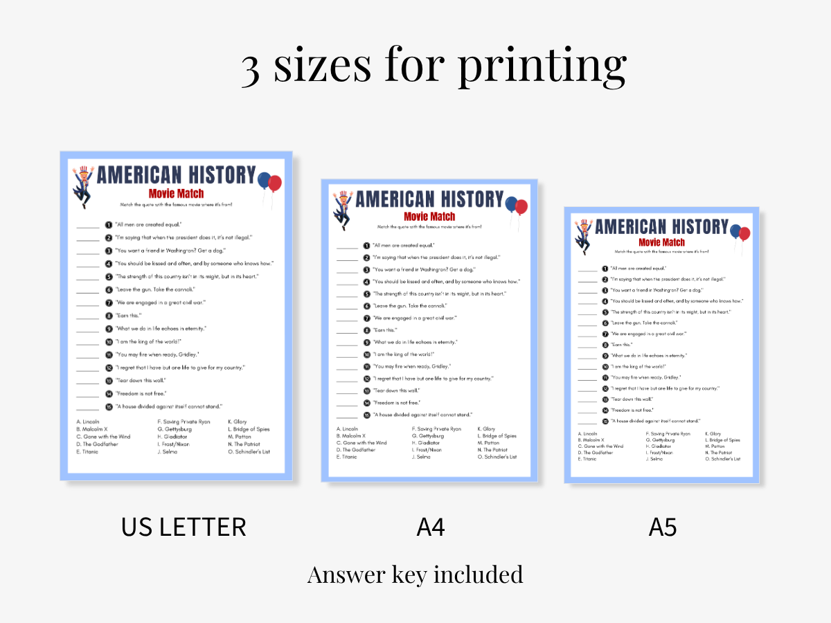 American History Movie Match Game Printable - Digital Download - Print ...