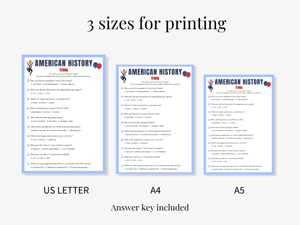 American History Multiple Choice Trivia Game Printable - Digital ...