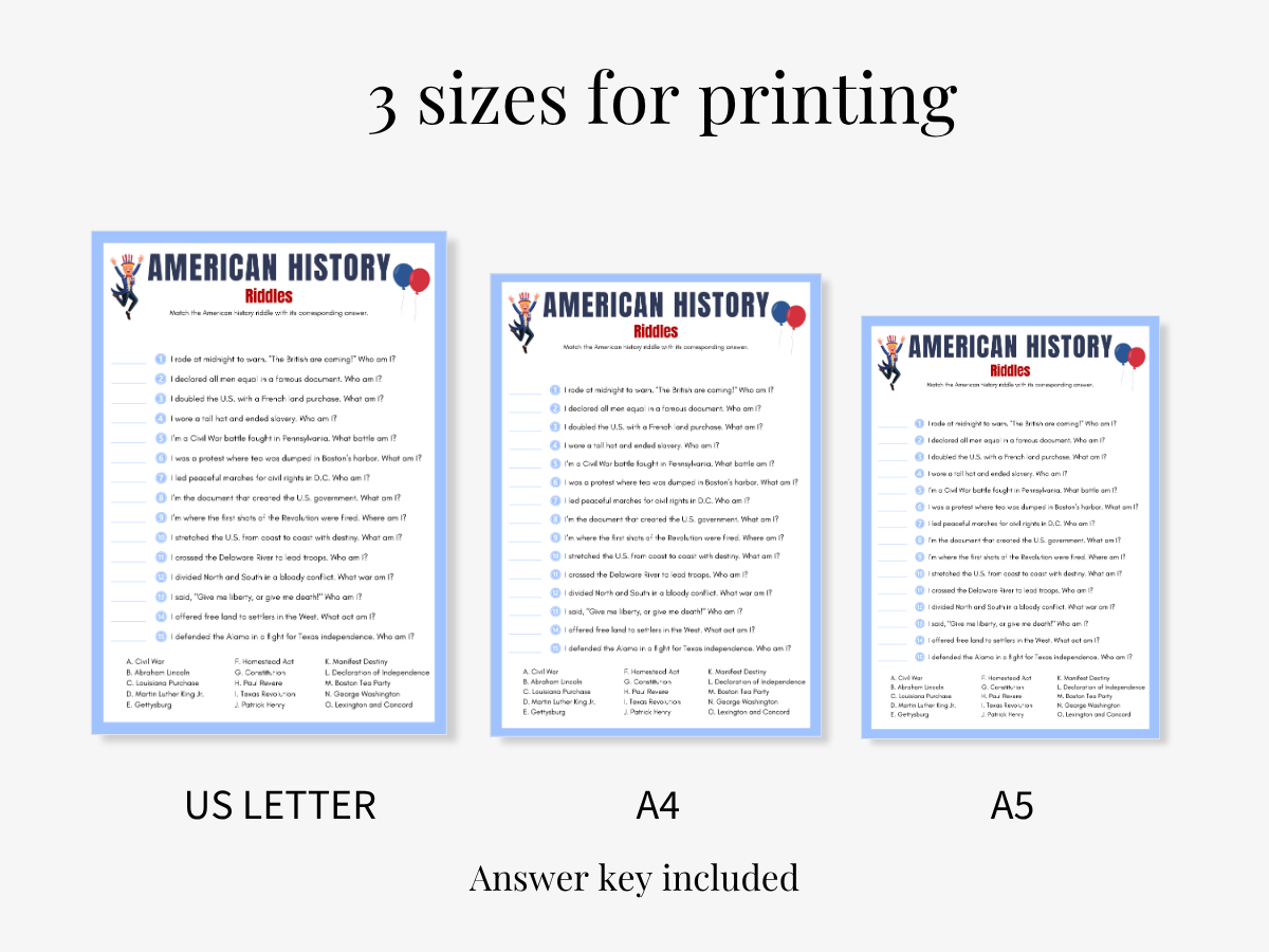 American History Riddles Game Printable - Digital Download - Print Play ...