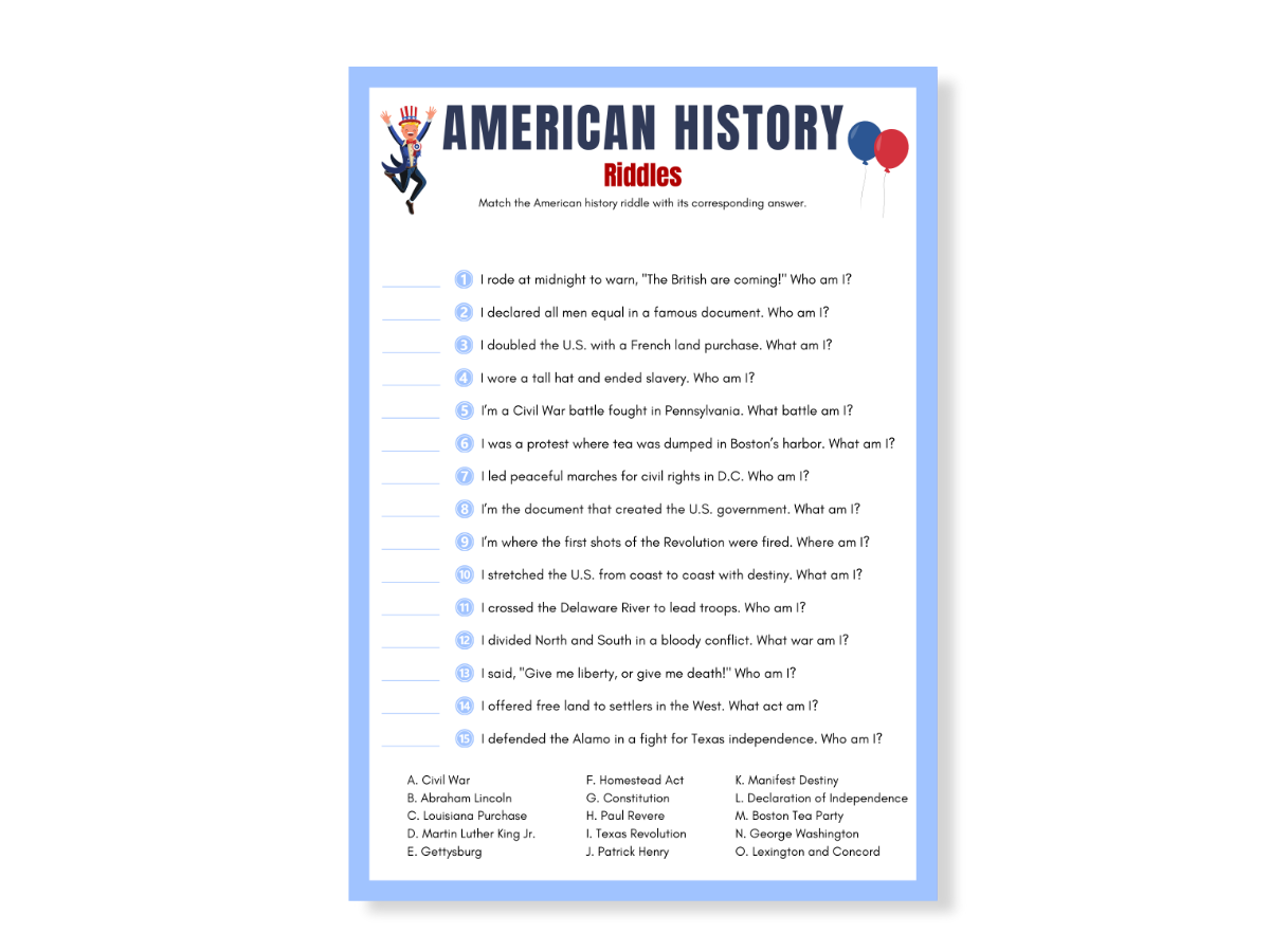 American History Riddles Game Printable - Digital Download - Print Play ...