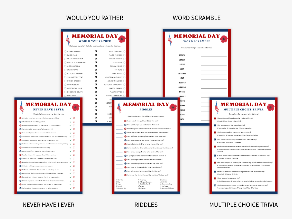 Memorial Day 5 Games Bundle Printable - Digital Download - Print Play ...