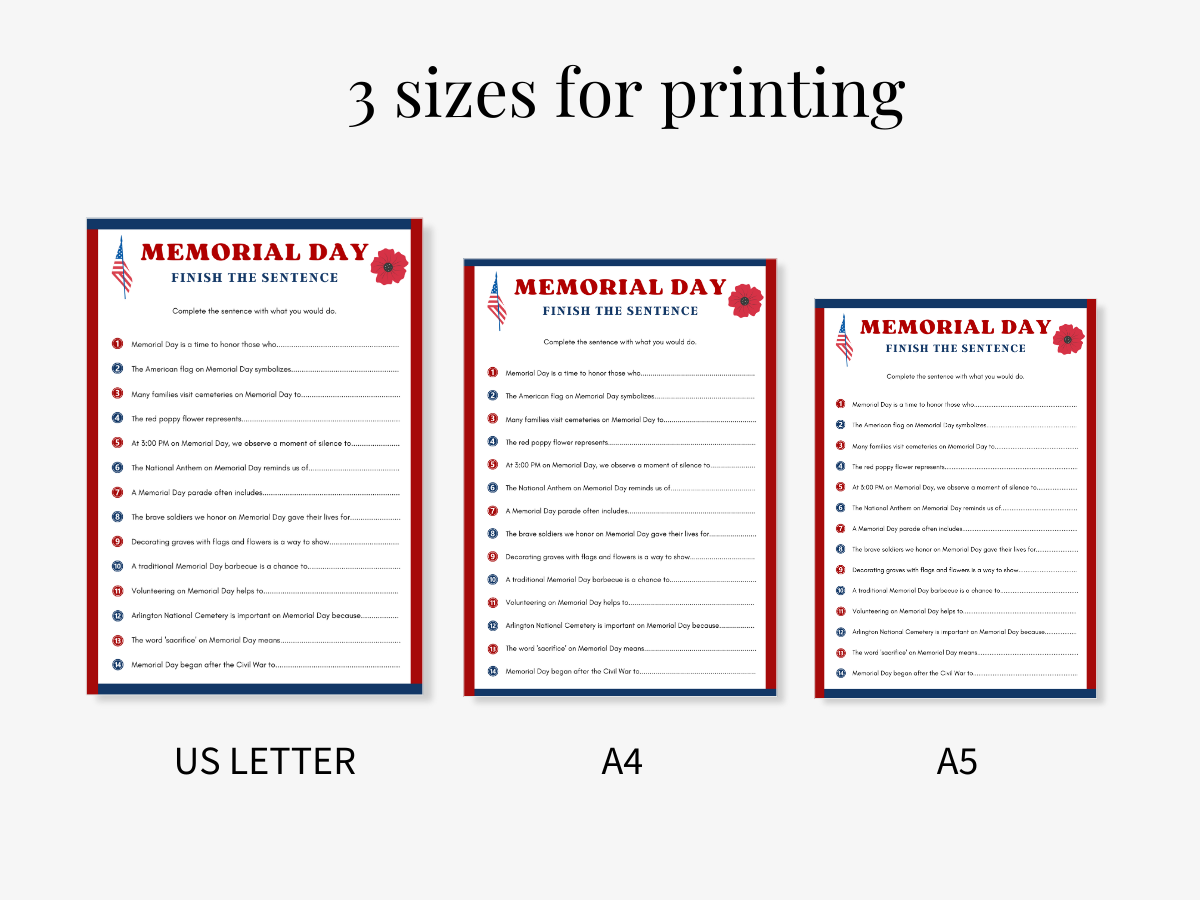 Memorial Day Finish the Sentence Game Printable - Digital Download ...