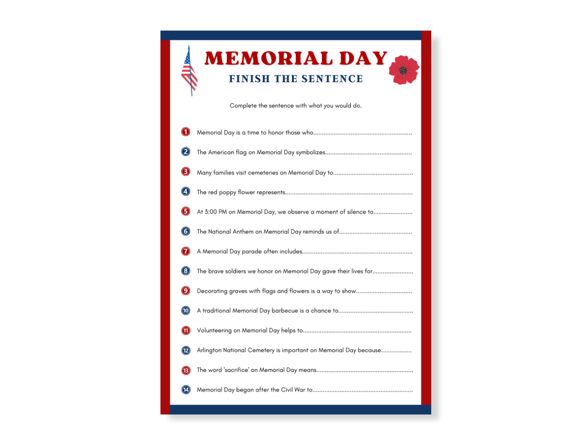 Memorial Day Finish the Sentence Game Printable - Digital Download ...