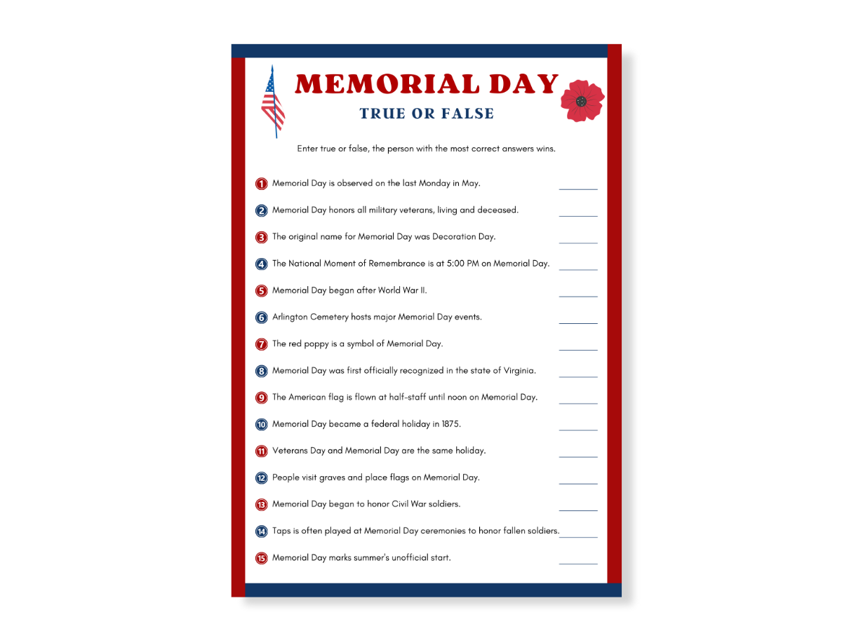 Memorial Day True or False Printable - Digital Download - Print Play Palace