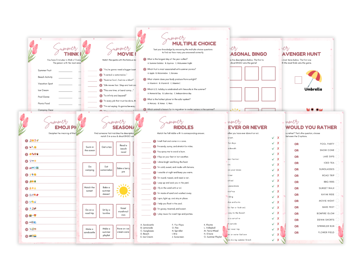 Floral Summer 10 Games Bundle Printable - Digital Download - Print Play ...