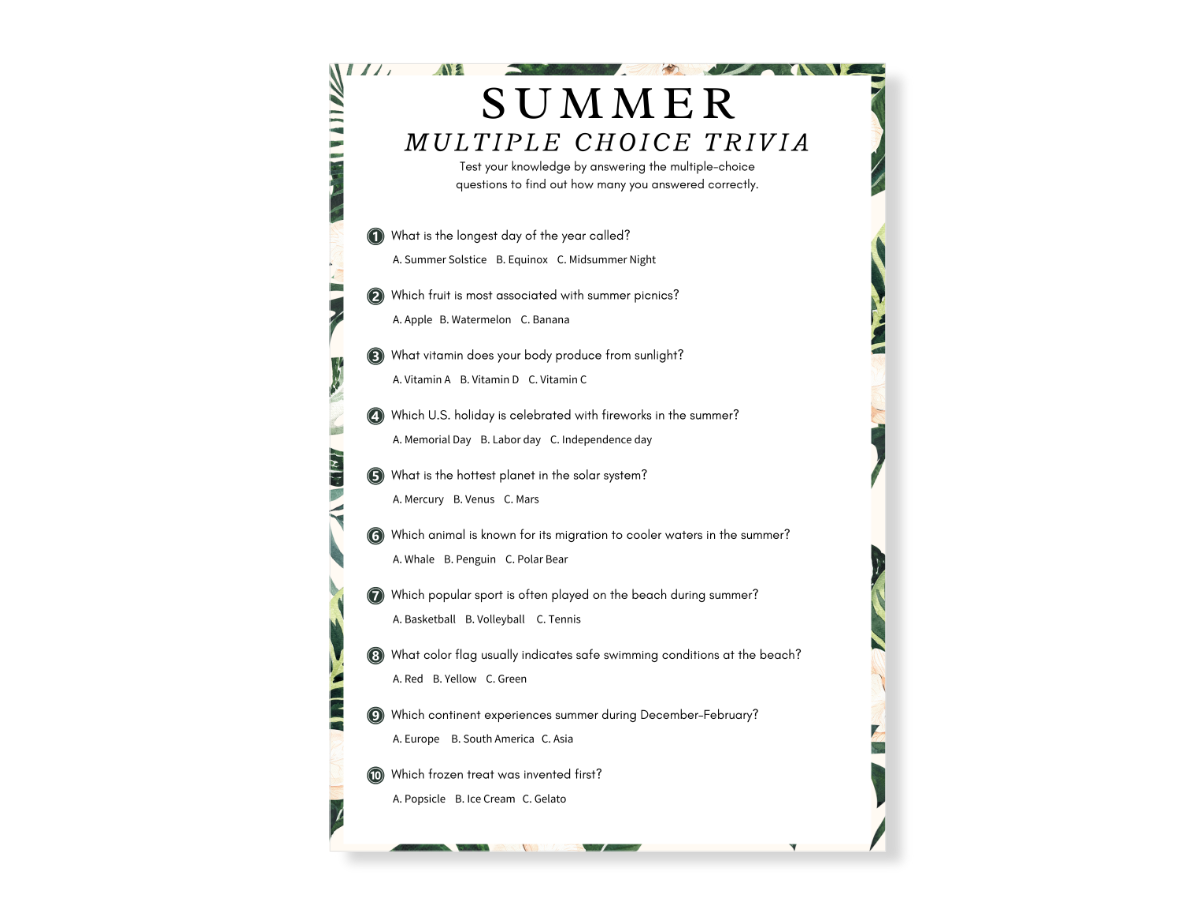 Summer Multiple Choice Trivia Game Printable - Digital Download - Print ...