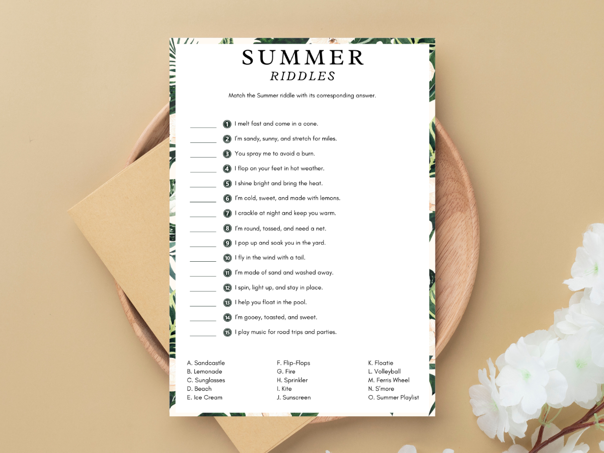 Summer Riddles Game Printable - Digital Download - Print Play Palace