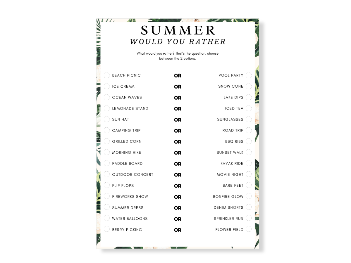 Summer Would You Rather Game Printable - Digital Download - Print Play ...