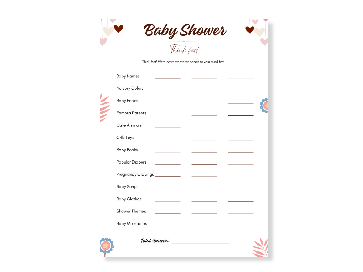 Baby Shower Think Fast Game Printable - Digital Download - Print Play ...