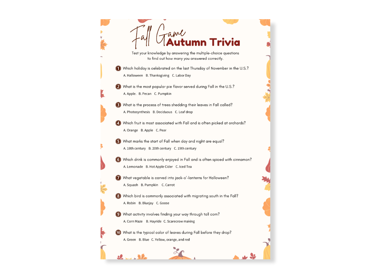 Fall Multiple Choice Trivia Game Printable - Digital Download - Print ...