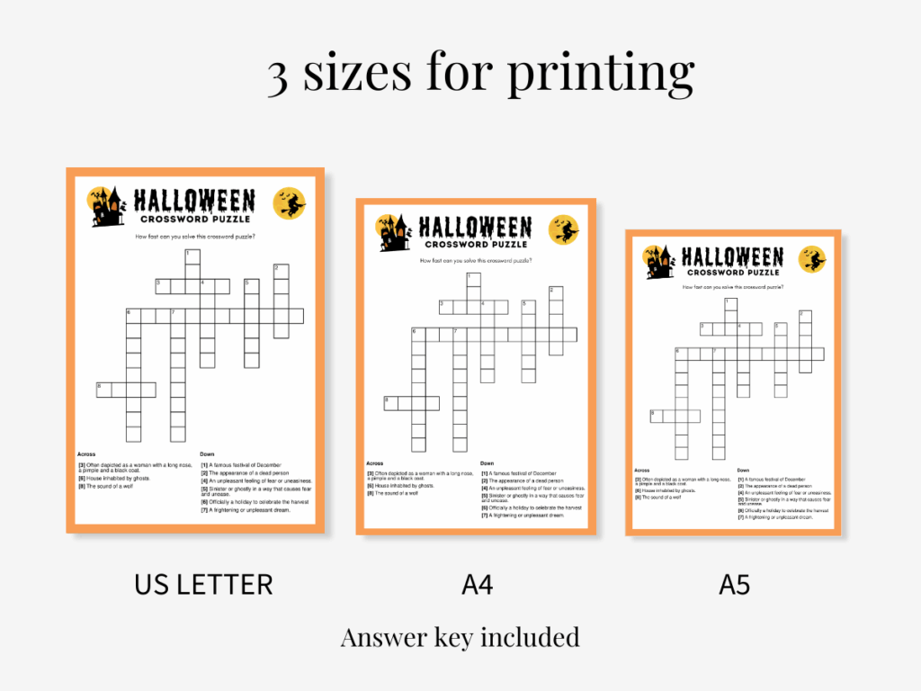 Halloween Crossword Puzzle Game Printable - Digital Download - Print ...