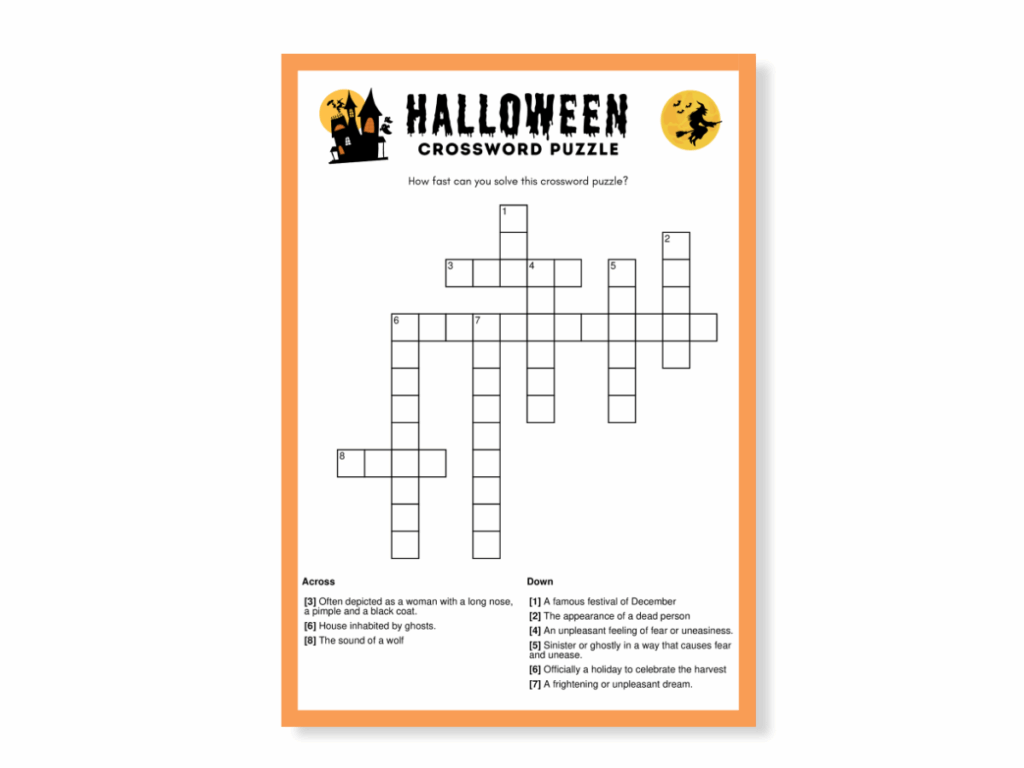 Halloween Crossword Puzzle Game Printable - Digital Download - Print ...